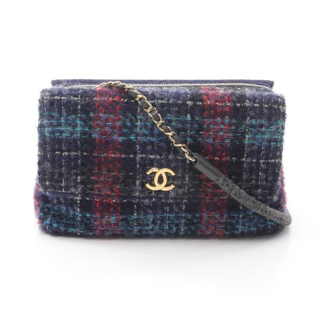 シャネル CHANEL Wフラップ ツイード ショルダーバッグ バッグ レザー ファブリック レディース ネイビー系 / マルチカラー 【中古】