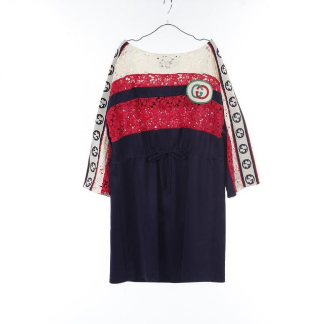 グッチ GUCCI インターロッキングG ワンピース 衣料品 トップス コットン ポリエステル レディース ネイビー系 / レッド系 / アイボリー系 573974 【中古】