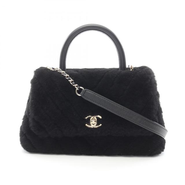 シャネル CHANEL ココハンドル フラップ シェブロン Vステッチ ハンドバッグ バッグ ファー レディース ブラック系 A92990 【中古】