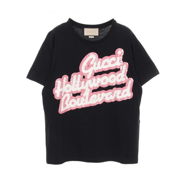 グッチ GUCCI HOLLYWOOD BOULEVARD スパンコールロゴ カットソー 衣料品 トップス コットン レディース ブラック系 / ピンク系 / ホワイト系 【中古】