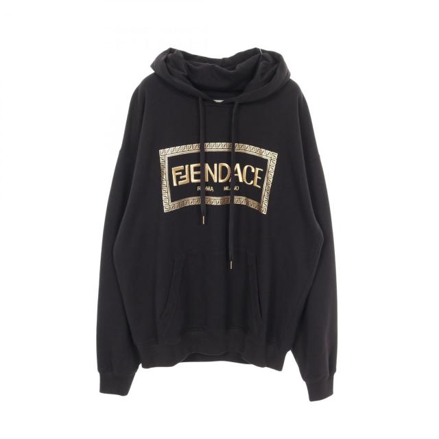 フェンディ FENDI FENDI × VERSACE FENDACE メドゥーサ ロゴ刺繍 フーディ パーカー 衣料品 トップス コットン メンズ ブラック系 / ゴールド系 【中古】