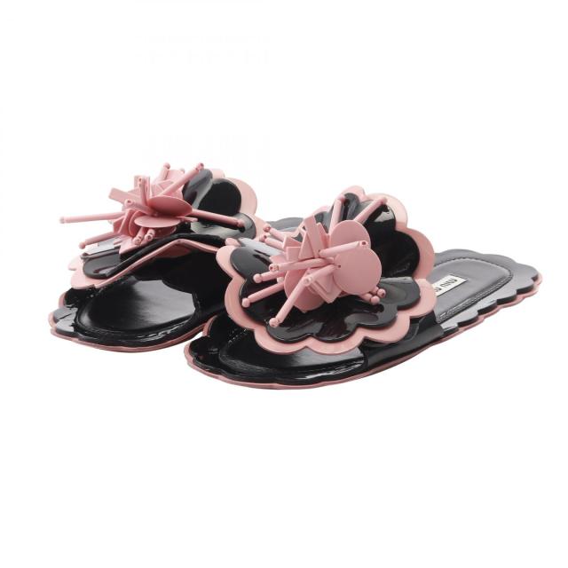 ミュウ ミュウ Miu Miu フラワー サンダル 靴 パテントレザー レディース ブラック系 / ピンク系 【中古】