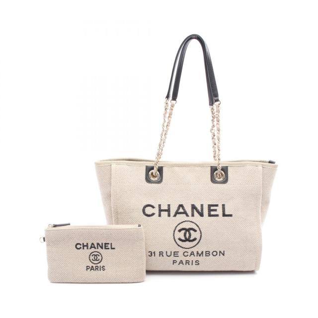 シャネル CHANEL ドーヴィル トートバッグ バッグ キャンバス レザー レディース ベージュ系 / ブラック系 【中古】