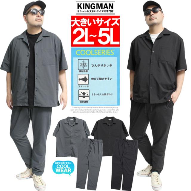 送料無料  セットアップ メンズ 大きいサイズ 接触冷感 ストレッチ 吸水速乾 半袖シャツ イージーパンツ 涼しい ひんやり 伸縮 薄手 軽量 レギパン スラックス ドライ のびのび オープンカラーシャツ  ワークマン プラス 父の日 ギフト