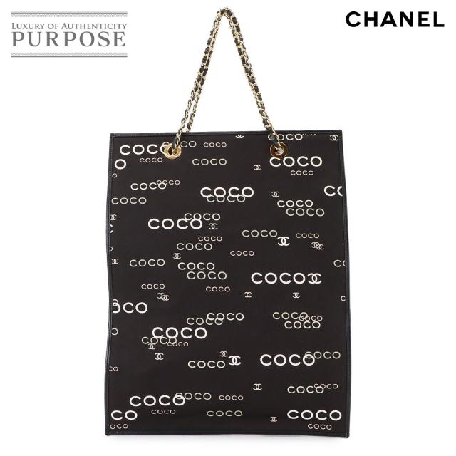 新品同様 シャネル CHANEL COCOプリント チェーン トート バッグ キャンバス レザー ブラック レディース 90280662 【中古】ブランド