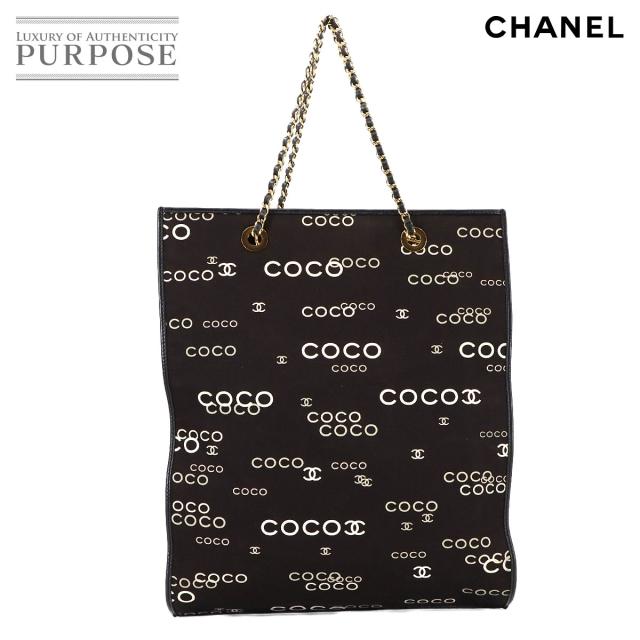 シャネル CHANEL COCOプリント チェーン トート バッグ キャンバス レザー ブラック ホワイト レディース 90280663 【中古】ブランド