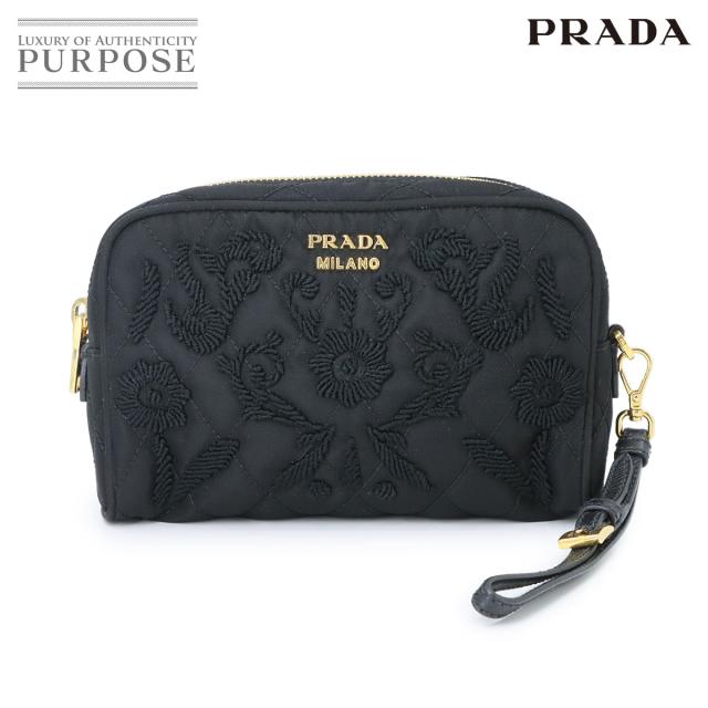 新品同様 プラダ バッグ ポーチ ナイロン ブラック 刺繍 ゴールド 金具 レディース 90292592 【中古】ブランド
