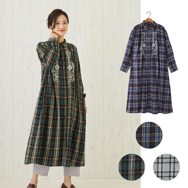 チェック シャツワンピース ロング おしゃれ  秋冬 秋ワンピース