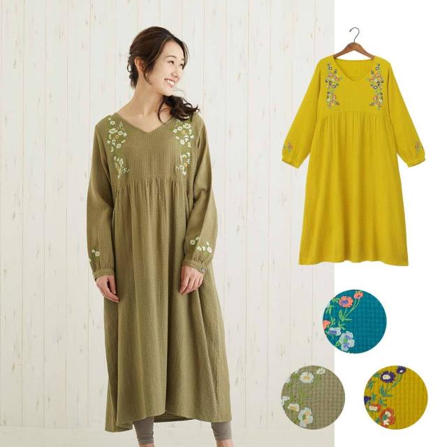 Vネック 花柄 刺繍 秋冬 ロングワンピース 膝下 マキシワンピ 秋ワンピース