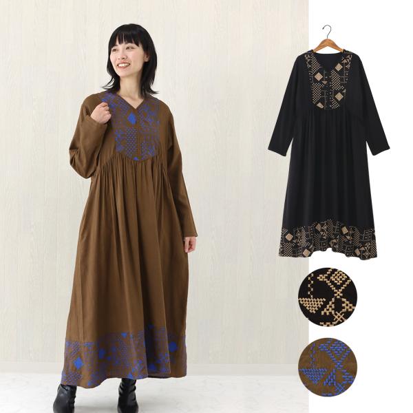 花柄 刺繍 ワンピ 秋冬 幾何学 ロング ワンピース おしゃれ 大人