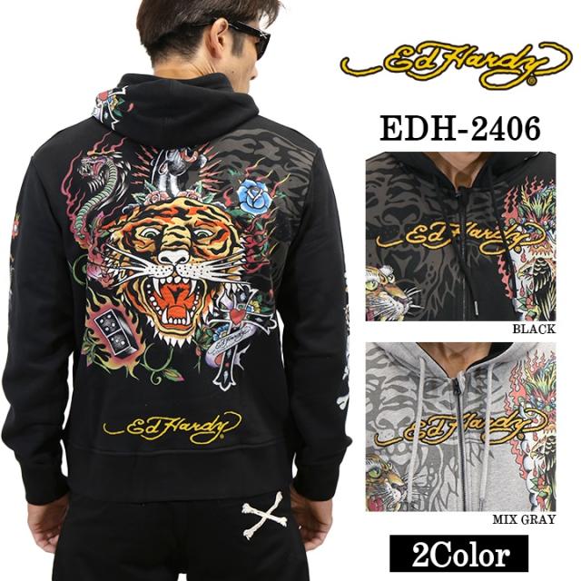 Ed Hardy エドハーディー 刺繍プリント 裏毛F/Zパーカー メンズ edh-2406