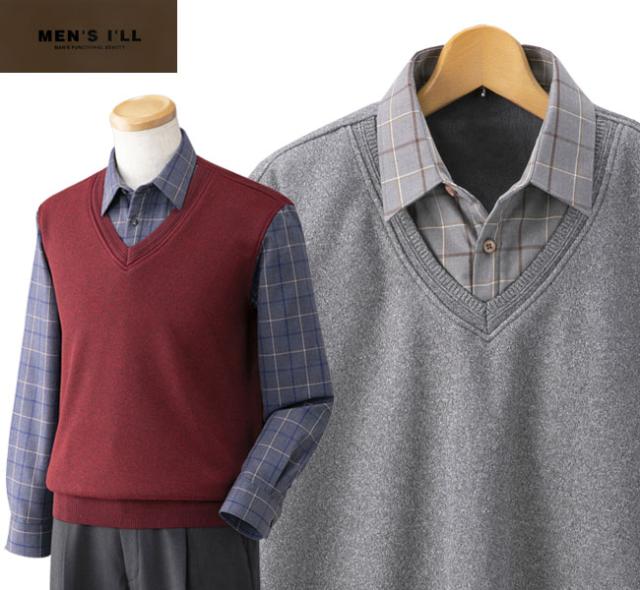 MENS I'LL 重ね着風シャツ 同サイズ2色組 チェック柄シャツにVベストを重ねたように見える 秋冬春 40代 50代 60代 KC52100-SAI