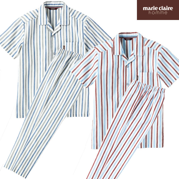 marie claire homme マリ・クレール オム 半袖ストライプパジャマ 同サイズ2色組 肌側綿100％ 春夏 40代 50代 60代 955414