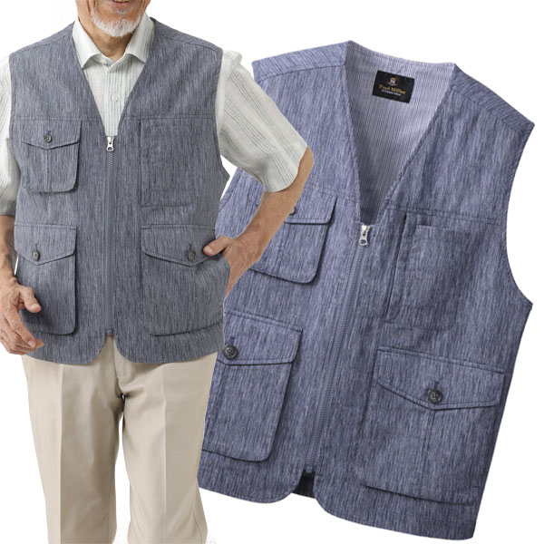 PAUL MILLER 高島ちぢみ 7ポケット麻混楊柳ベスト 春夏秋 40代 50代 60代 375-12625-HA