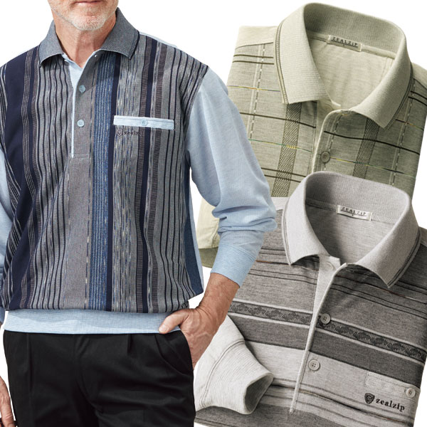 杢ジャカードデザイン長袖ポロシャツ 同サイズ3色組 胸ポケット付 メンズ 春夏秋 40代 50代 60代 958319