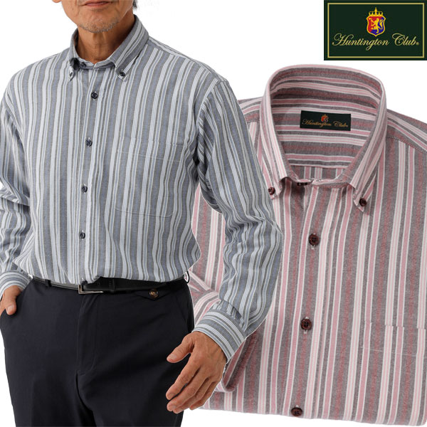 HUNTINGTON CLUB ハンティントン・クラブ ストレッチネル ストライプ柄長袖シャツ 同サイズ2色組 メンズ 秋冬春 40代 50代 60代 318-65150K-HA