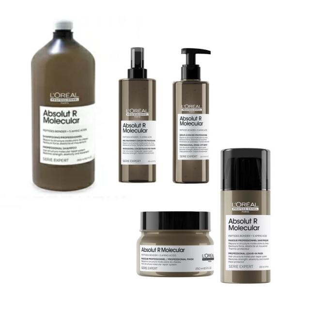 ロレアル セリエ エクスパート アブソルート R モレキュラー プレトリートメント(190ml)・シャンプー(1500ml/ポンプ別売)・リンスオフセラム(250ml)・マスク(500ml)・リーブイン(100ml)セット(計5点)
