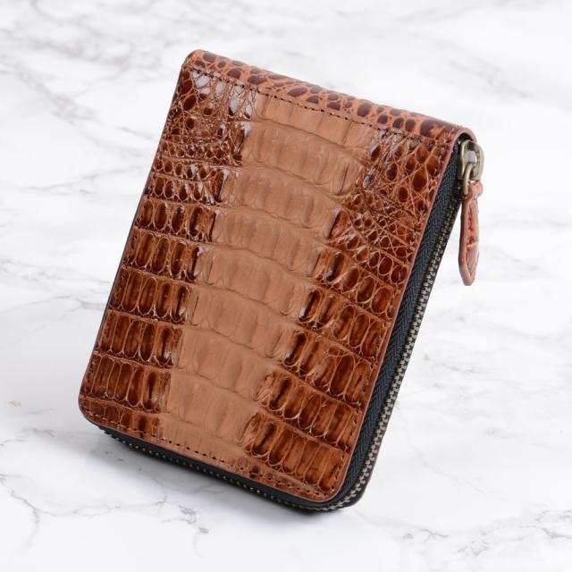 カイマン 牛革 ショートラウンド財布 ブラウン ワニ革コンパクト財布 ウォレット  送料無料