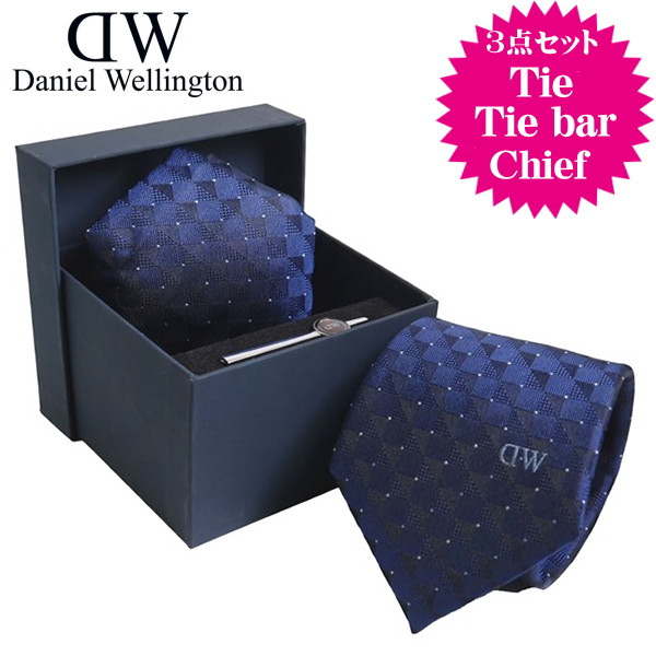 Daniel Wellington ダニエルウェリントン メンズネクタイ チーフ タイバー3点セット ネイビー系 チェック DW02800018