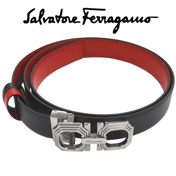 サルバトーレ フェラガモ salvatore ferragamo メンズベルト 100cm ブラック レッド リバーシブルタイプ 2.5cmスリムタイプ 並行輸入品