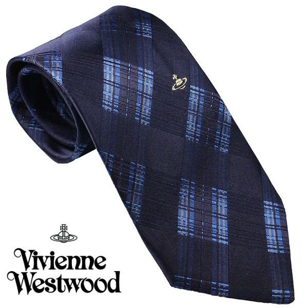 ヴィヴィアンウエストウッド ネクタイ チェック系 ネイビーブルー イタリー製 シルク100％ AW23 81050004-W00ST-K410-NAVY BLUE