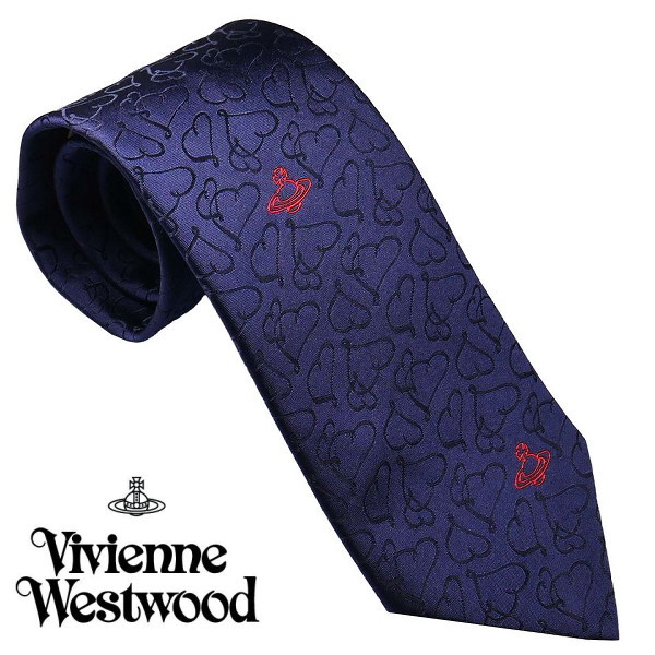 ヴィヴィアンウエストウッド ネクタイ ハートペイズリー系 ネイビーブルー イタリー製 シルク100％ AW23 81050004-W00SU-K410 NAVY BLUE