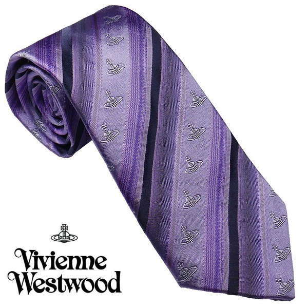 ヴィヴィアンウエストウッド ネクタイ ストライプ系 ライラック イタリー製 シルク100％ AW23 81050004-W00SV-J402-LILAC