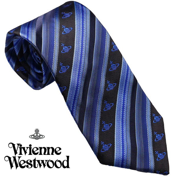 ヴィヴィアンウエストウッド ネクタイ ストライプ系 ダークブルー イタリー製 シルク100％ AW23 81050004-W00SV-K411-DARK BLUE