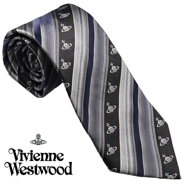 ヴィヴィアンウエストウッド ネクタイ ストライプ系 ブラック イタリー製 シルク100％ AW23 81050004-W00SV-N401-BLACK