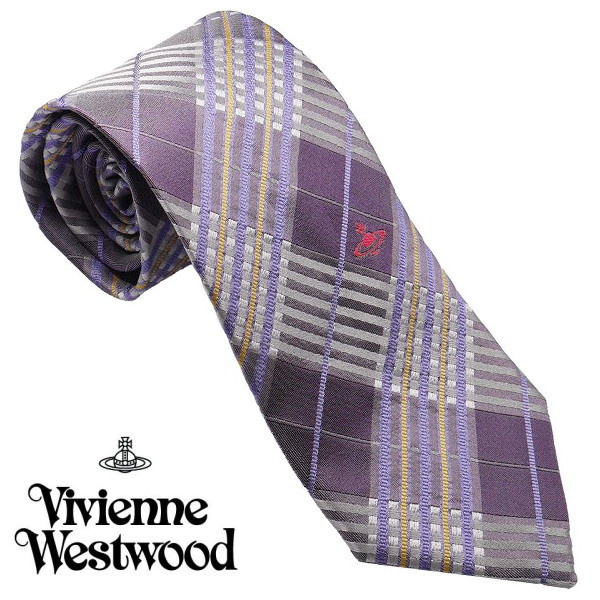 ヴィヴィアンウエストウッド ネクタイ チェック系 ライラック イタリー製 シルク100％ AW23 81050004-W00SW-J402-LILAC