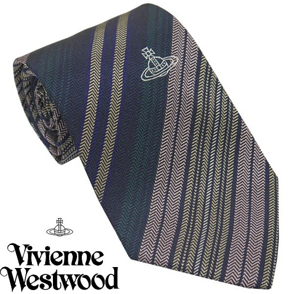 Vivienne Westwood ヴィヴィアン・ウェストウッド ネクタイ ストライプ ネイビーブルー系 イタリー製 シルク100％ 81050004-W0104-K410-NAVY BLUE AW24