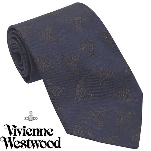 Vivienne Westwood ヴィヴィアン・ウェストウッド ネクタイ クレスト柄 ダークブルー系 イタリー製 シルク100％ 81050004-W0106-K411-DARK BLUE AW24