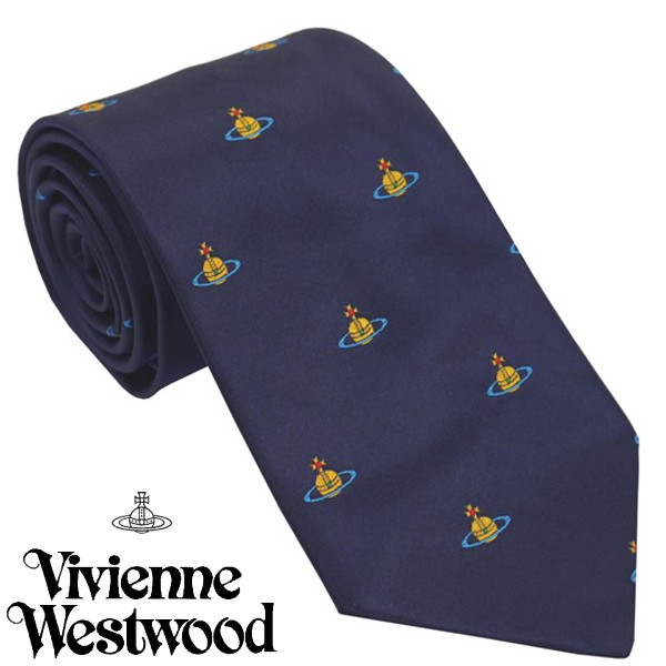 Vivienne Westwood ヴィヴィアン・ウェストウッド ネクタイ クレスト柄 ネイビーブルー系 イタリー製 シルク100％  81050004-W00ZY-K410-NAVY BLUE AW24