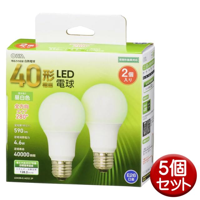 LED電球 10個セット（2個入×5個） E26 40形相当 昼白色 全方向 OHM 06-4705 LDA5N-GAG522P-5P 送料 ...