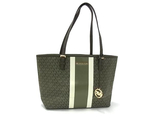 MICHAEL KORS マイケルコース トートバッグ ジェット セット トラベル シグネチャー ミディアム キャリーオール トート 35F9GTVT2T カーキ系 PVC レディース ゴールド金具 美品【本物保証】