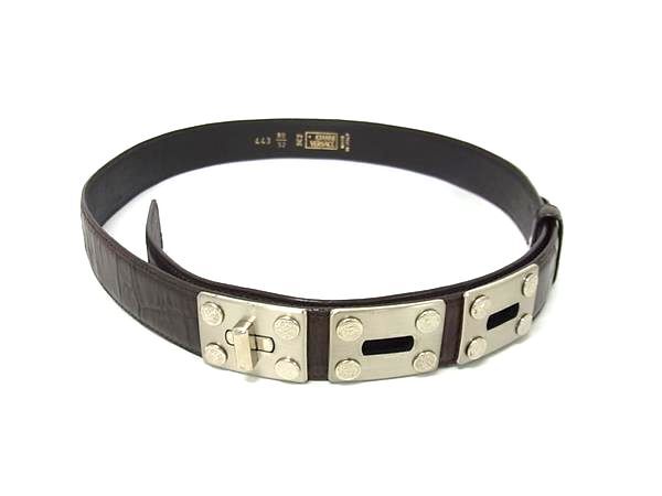 GIANNI VERSACE　ジャンニ ヴェルサーチェ ベルト - - ブラウン クロコダイル型押しレザー ユニセックス メデューサ シルバー金具【本物保証】