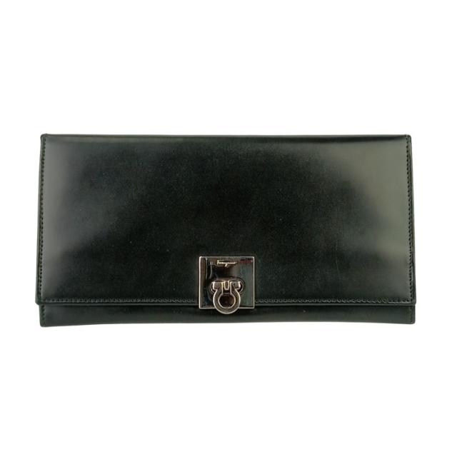 Salvatore Ferragamo フェラガモ 長財布 ガンチーニ ロングウォレット 22 8601 ブラック カーフレザー レディース 二つ折り シルバー金具【本物保証】