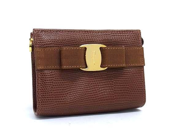Salvatore Ferragamo フェラガモ 小物入れ ヴァラ リボン ポーチ 223057 ブラウン リザード型押しレザー レディース ゴールド金具 美品【本物保証】