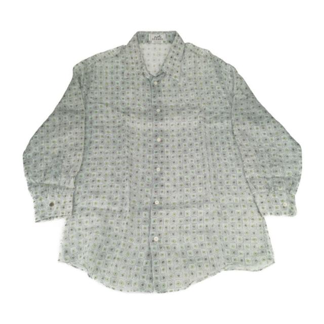 HERMES エルメス トップス 総柄 長袖 シャツ - グレー系 ブルー系 グリーン系 マルチカラー 麻100％ メンズ ロングスリーブ セリエボタン リネン 表記サイズ41/16【本物保証】