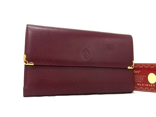 Cartier カルティエ 長財布 マストライン 三つ折り財布 ボルドー系 レザー ユニセックス ゴールド金具 超美品【本物保証】
