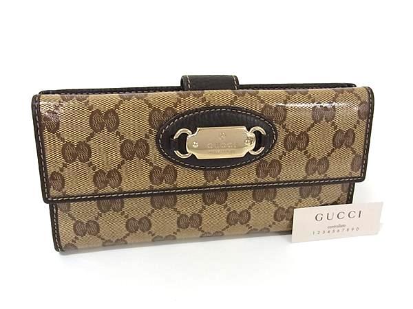 GUCCI グッチ 財布 GGクリスタル 231841 ベージュ ブラウン コーティングキャンバス×レザー ユニセックス Wホック 二つ折り長財布 ゴールド金具 美品【本物保証】