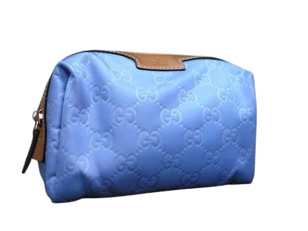 GUCCI グッチ ポーチ コスメポーチ 256636 ライトブルー系×ブラウン系 GGナイロン×レザー ユニセックス ゴールド金具 美品【本物保証】