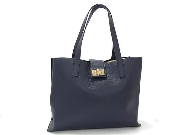 FURLA フルラ トートバッグ 1927 L TOTE 36 WB01099 ネイビー系 レザー レディース ショルダーバッグ ゴールド金具 美品【本物保証】