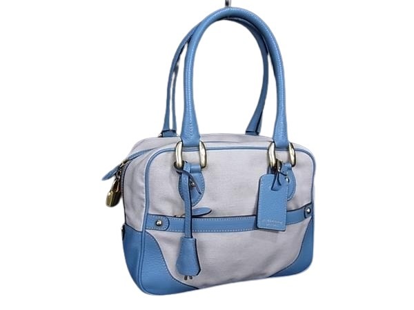 J&M DAVIDSON ジェイアンドエムデヴィッドソン ハンドバッグ MINI MIA - アイボリー ライトブルー キャンバス×レザー レディース ゴールド金具 美品【本物保証】