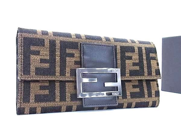 FENDI フェンディ 財布 ズッカ 8M0021 ブラウン キャンバス×レザー ユニセックス 二つ折り 長財布 シルバー金具 美品【本物保証】