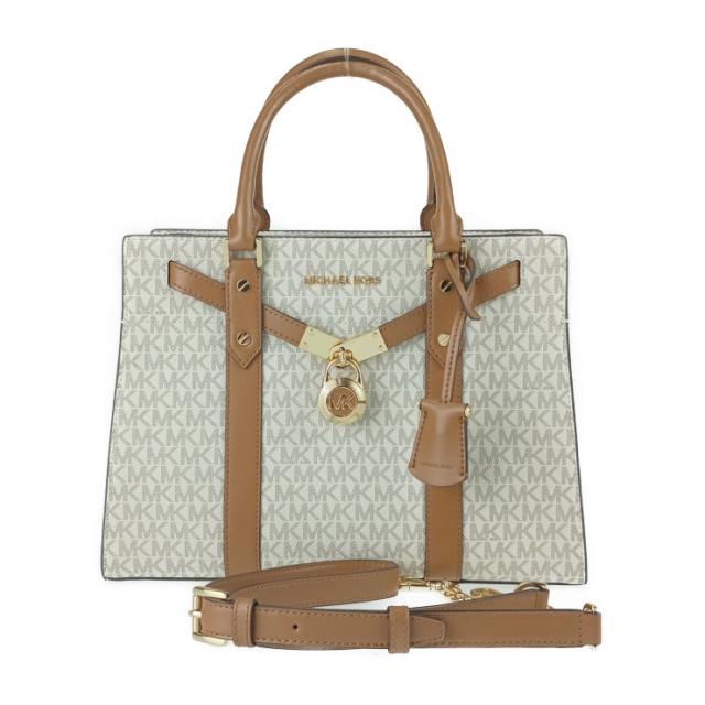 MICHAEL KORS マイケルコース トートバッグ ヌーヴォー ハミルトン ラージ サッチェル 30F9G0HS3B アイボリー系 ブラウン系 PVC レザー レディース 2WAY ショルダーバッグ MKシグネチャー ゴールド金具 美品【本物保証】