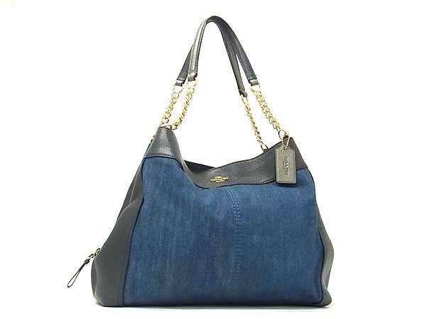 COACH コーチ トートバッグ F25884 ブルー ネイビー デニム×レザー レディース チェーン ゴールド金具【本物保証】