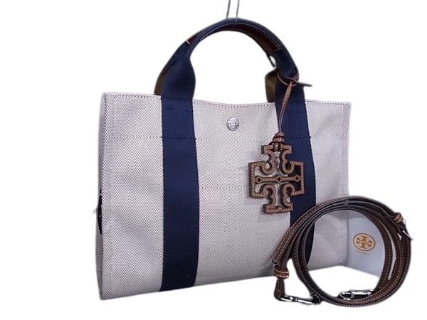 TORY BURCH トリーバーチ ハンドバッグ トリー ツイル スモール トート 135043 ナチュラル×ネイビー系 キャンバス レディース 2WAY ショルダーバッグ ゴールド金具 美品【本物保証】