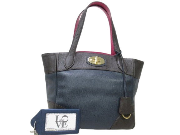 A.D.M.J エーディーエムジェイ アクセソワ ハンドバッグ - - ネイビー×ブラウン レザー レディース ターンロック ゴールド金具 美品【本物保証】