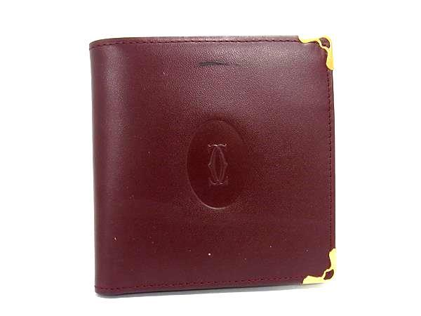美品 Cartier カルティエ 二つ折り 財布 マストライン - ボルドー レザー メンズ ゴールド金具【本物保証】